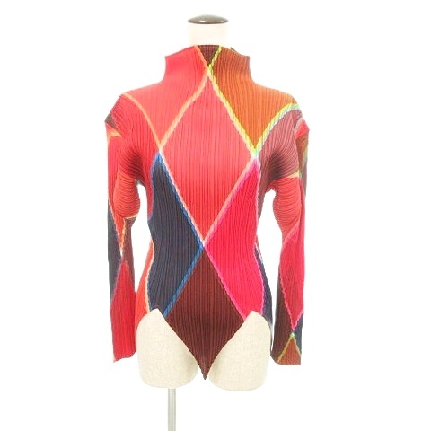 【中古】プリーツプリーズ 美品 ひし形 カラフル スリット カットソー 長袖 スタンドネック 日本製 3