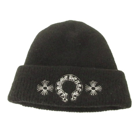 【中古】クロムハーツ CHROME HEARTS 美品 ビーニー ニット帽 CHプラス ホースシュー USA製 黒 ブラック ☆AA★