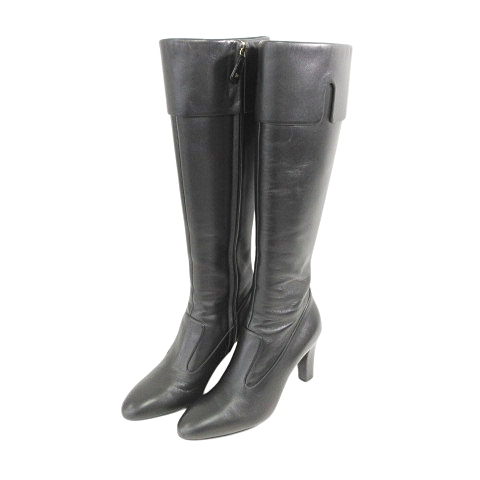 【中古】シャネル 美品 箱付き 保存袋有 レザー ロング ブーツ 靴 シューズ ヒール G38020 38 25.5?p 黒 レディース