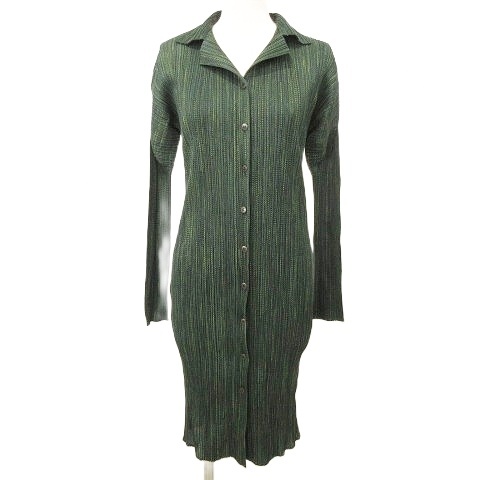 【中古】プリーツプリーズ イッセイミヤケ 総柄 ロング シャツ スキッパー ワンピース スリム 3 グリーン レディース