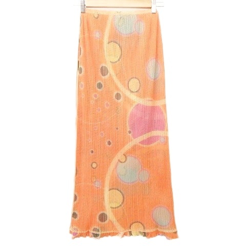 【中古】プリーツプリーズ イッセイミヤケ リバーシブル ロング スカート メッシュ プリーツ ドット 2 オレンジ