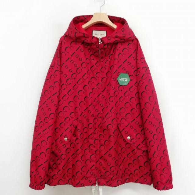 【中古】グッチ GUCCI 676497 22SS 100周年 ロゴ ナイロン フーデット ジャケット ウィンドブレーカー 美品 44 レッド