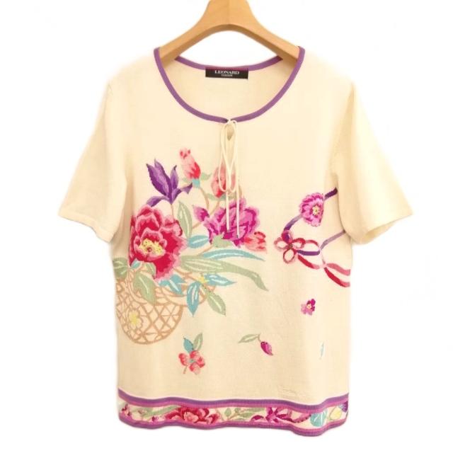 【中古】レオナール LEONARD 花柄 ラインストーン 刺繍 シルク コットン ニット トップス 半袖 LL クリーム系