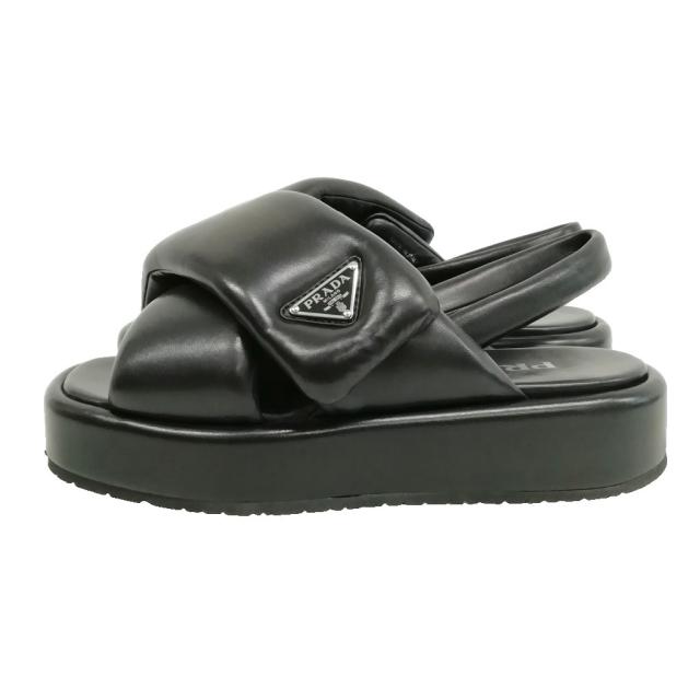【中古】プラダ PRADA 1XZ758 トライアングルロゴ ソフト パデッド ナッパレザー ウェッジ サンダル 美品 37 ブラック