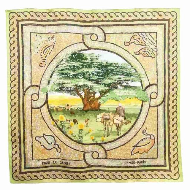 【中古】エルメス HERMES カレ90 SOUS LE CEDRE ヒマラヤ杉の下で 大判 スカーフ グリーン系 美品 レディース
