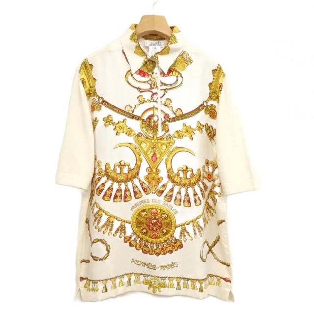 【中古】エルメス HERMES PARURES DES SABLES シルク ニット 切替 ポロシャツ ヴィンテージ 半袖 M オフホワイト