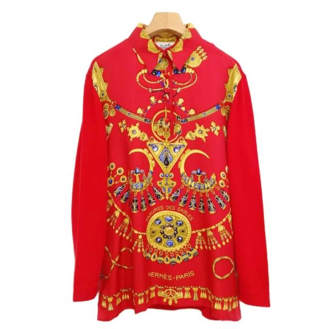 【中古】エルメス HERMES PARURES DES SABLES シルク ニット 切替 ポロシャツ トップス ヴィンテージ 長袖 M レッド