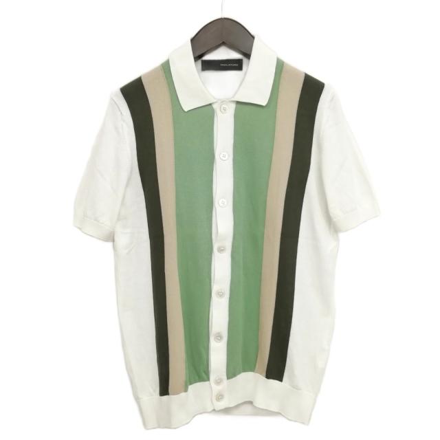 【中古】タリアトーレ TAGLIATORE ストライプ フルボタン コットン ニット シャツ ポロシャツ 半袖 46 ホワイト系