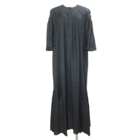 【中古】サヤカデイヴィス オーガニックコットンワンピース ロング 裾プリーツ 5分袖 小さいサイズ XS 黒 ブラック /X