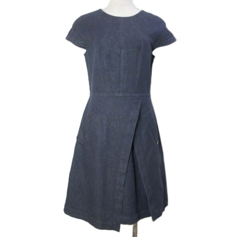 【中古】フォクシーニューヨーク デニムワンピース ひざ丈 半袖 35810 フロントスリット ロゴプレート 38 S相当 紺