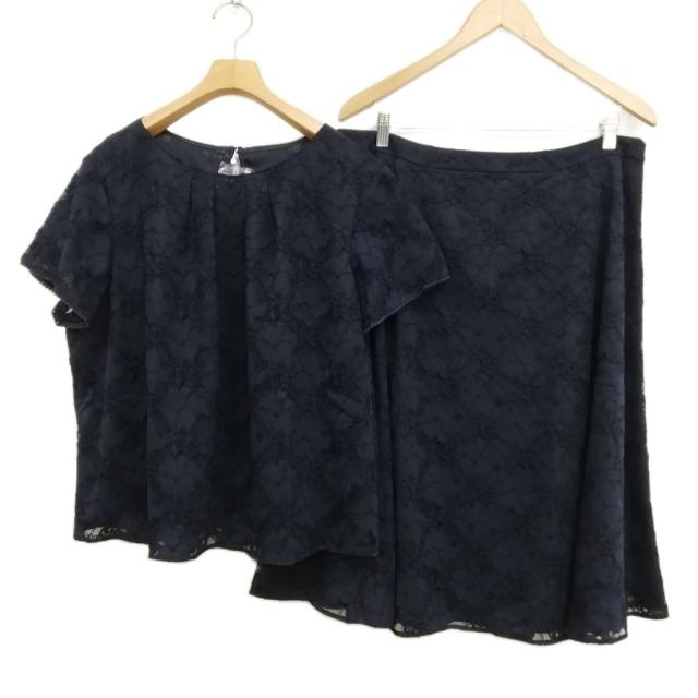 【中古】ニューヨーカー レース フォーマル セットアップ スーツ ブラウス スカート 美品 21 大きいサイズ ネイビー