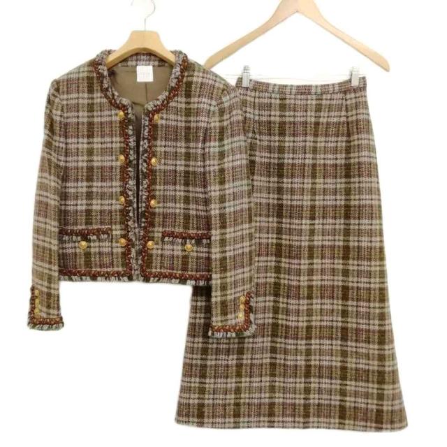 【中古】カネコイサオ KANEKO ISAO チェック ツイード スカート スーツ セットアップ ノーカラー ジャケット 金ボタン