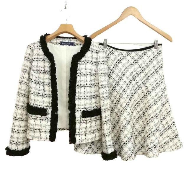 【中古】エムズグレイシー M'S GRACY ツイード スカート スーツ セットアップ ノーカラー ジャケット ストール付 38