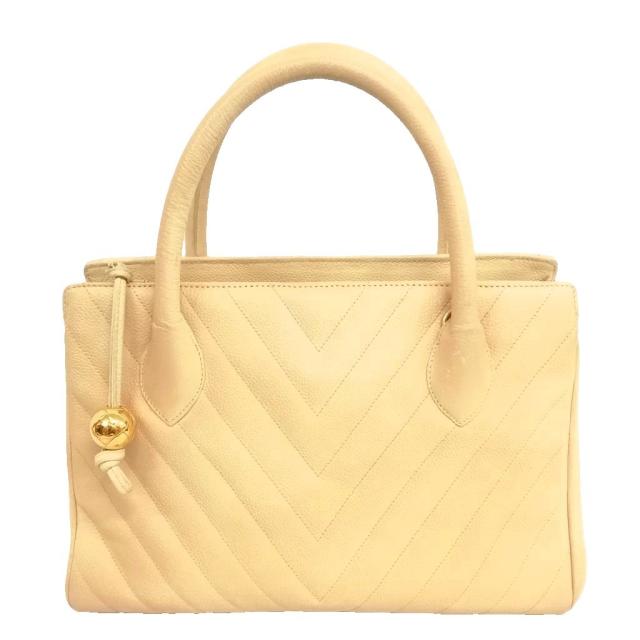 【中古】シャネル CHANEL キャビアスキン シェブロン Vステッチ ハンドバッグ ショルダー欠損 クリーム系 レディース