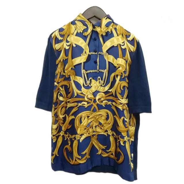 【中古】エルメス HERMES シルク ニット 切替 ポロシャツ カットソー 半袖 ネイビー レディース