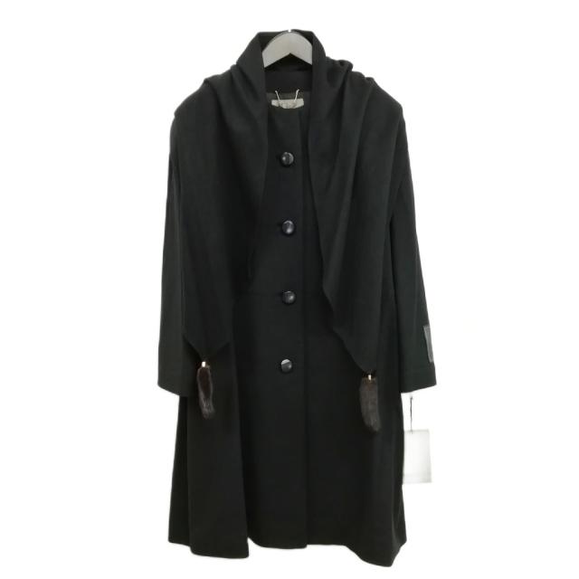 【中古】GARBO ガルボ カシミヤ ノーカラー コート ミンク付きストール付 9 ブラック レディース