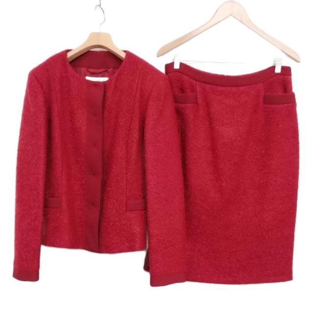 【中古】マックスマーラ MAX MARA 白タグ モヘヤ混 ツイード スカート スーツ ノーカラー ジャケット 44 レッド系