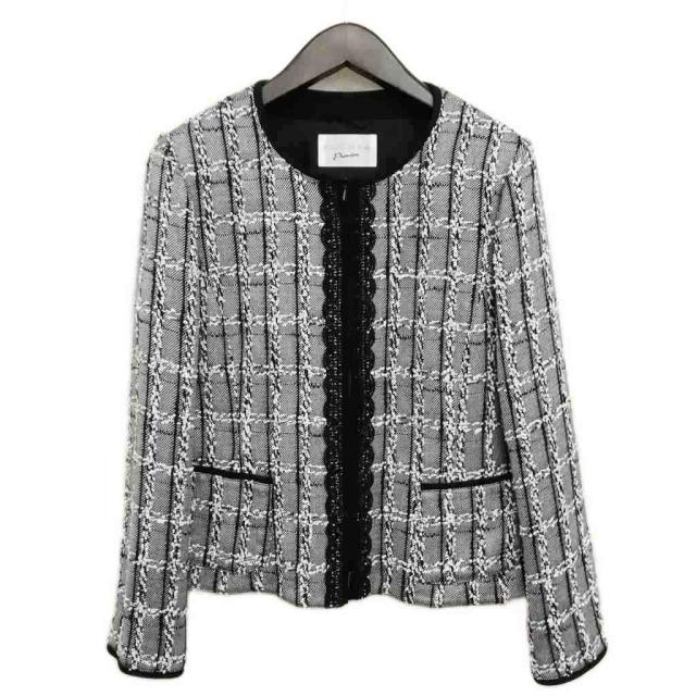 【中古】ロシャス ROCHAS premiere LINTON生地 ツイード ノーカラー ジャケット ジップアップ フォーマル 美品 13