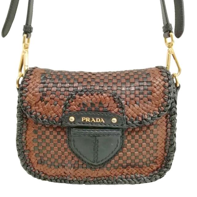 【中古】プラダ PRADA 編み込み マドラス ショルダーバッグ 三角プレート ブラウン ブラック レディース