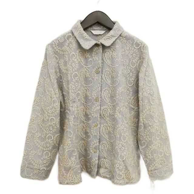 【中古】楽居布 LAIFU 先染め ウールガーゼ 刺繍 ブラウス シャツ ストール付 L ブルーグレー系 レディース
