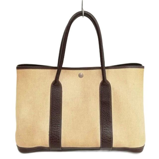 【中古】エルメス HERMES ガーデンパーティPM トワルアッシュ □F刻印 トートバッグ ハンドバッグ ベージュ ブラウン