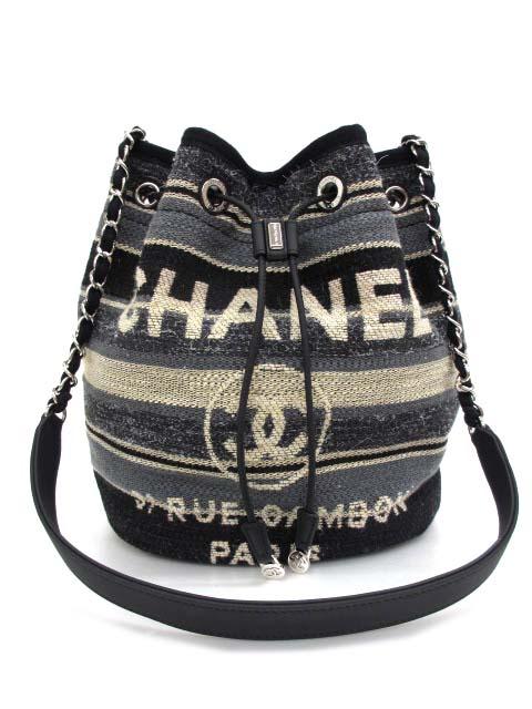 【中古】シャネル CHANEL A57536 ドーヴィル ストライプキャンバス 巾着バッグ ドローストリング ショルダーバッグ レディース