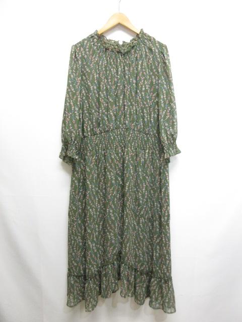 【中古】ローズティアラ Rose Tiara 美品 七分袖 花柄 シフォン ワンピース 46 大きいサイズ カーキ 裏地付き