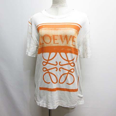 【中古】ロエベ LOEWE Tシャツ ロゴ アナグラム プリント 半袖 S 白 オレンジ カットソー S359Y22X27 正規品 ☆AA★
