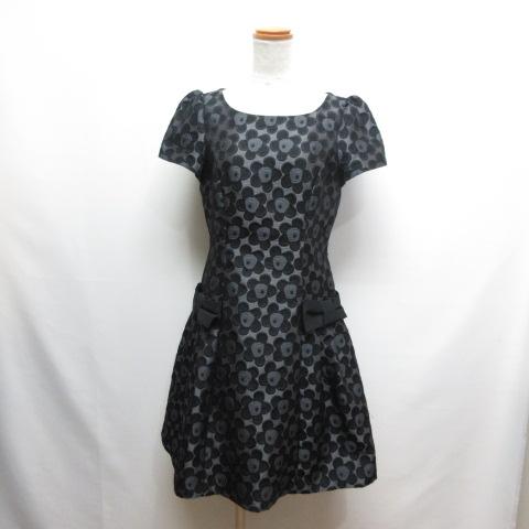 【中古】エムズグレイシー M'S GRACY 花柄 ジャガード 半袖 ワンピース リボン 40 グレー×黒 裏地付き 日本製