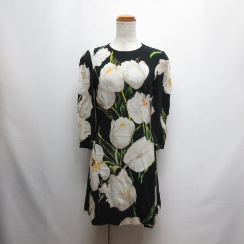 【中古】ドルチェ&ガッバーナ ドルガバ チューリップ柄 ワンピース ドレス 七分袖 花柄 38 黒 ブラック 正規品