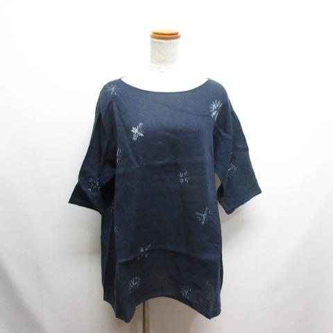 【中古】ヨーガンレール JURGEN LEHL 麻リネン 五分袖 プルオーバー M 濃紺 ネイビー カットソー ブラウス レディース