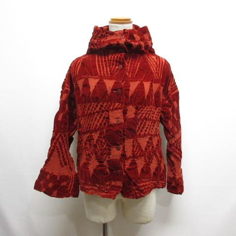【中古】ミーイッセイミヤケ me ISSEY MIYAKE 長袖 ジャケット ハイネック 赤 レッド 総柄 MI54FO613 日本製