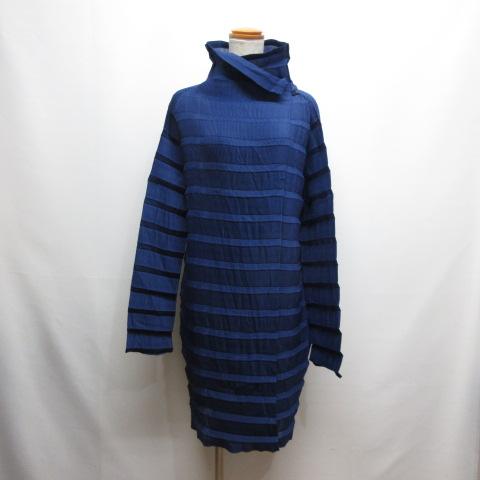 【中古】イッセイミヤケ ISSEY MIYAKE 美品 プリーツ ロング ジャケット カーディガン 2 ブルー IM93FJ741 日本製