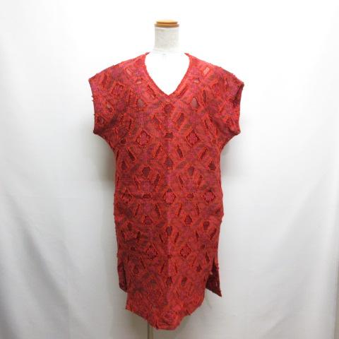 【中古】ハート Haat ISSEY MIYAKE 美品 フレンチスリーブ ジャガード ワンピース 2 赤 イッセイミヤケ レディース