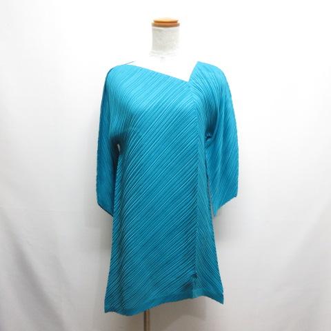 【中古】プリーツプリーズ 美品 アシンメトリー プリーツ ワンピース 3 ターコイズブルー イッセイミヤケ レディース