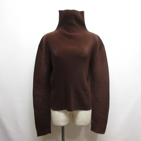 【中古】プリーツプリーズ 美品 ハイネック 長袖 プリーツ カットソー 3 ブラウン 日本製 イッセイミヤケ レディース