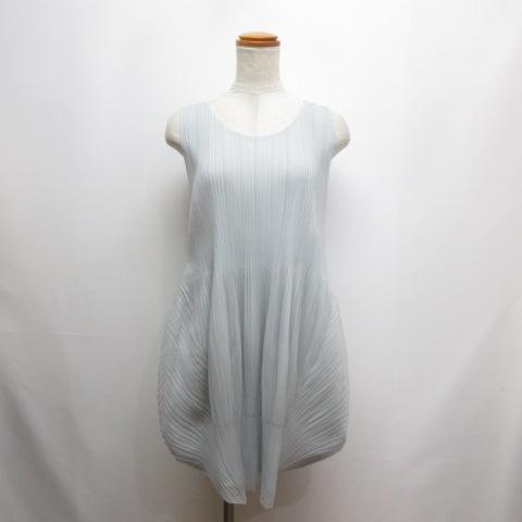 【中古】プリーツプリーズ 美品 ノースリーブ プリーツ ワンピース 3 ライトブルー イッセイミヤケ レディース