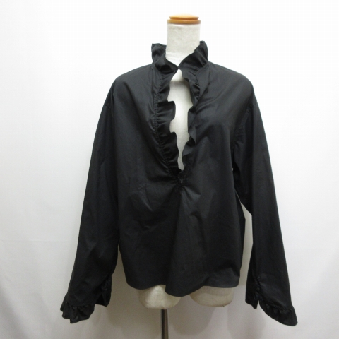 【中古】未使用品 ロエフ LOEFF 25AW コットン ブロード フリル スキッパー シャツ ブラウス 0 黒 ブラック 長袖