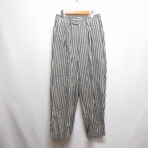 【中古】エムズブラック m's braque TUCKED WIDE PANTS ストライプ ワイド パンツ 36 ベージュ×ネイビー 麻リネン