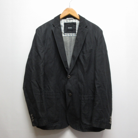 【中古】ヒューゴボス HUGO BOSS デニム 2B テーラード ジャケット 48 黒 ブラック コットン 麻リネン混 正規品