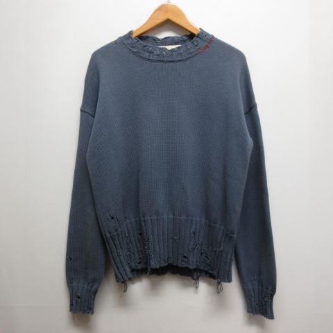 【中古】マルニ MARNI 美品 ダメージ コットン ニット セーター 42 ブルーグレー GCMG0210A0 UFC652 ロゴ刺繍 正規品