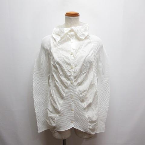 【中古】ミーイッセイミヤケ me ISSEY MIYAKE ストレッチプリーツ 長袖 ブラウス シャツ カットソー 白 ハイネック