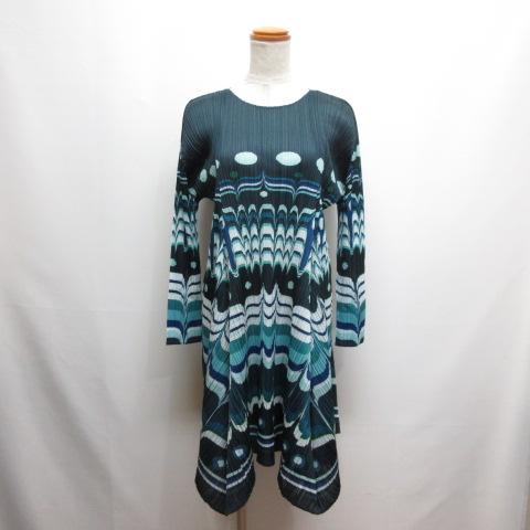【中古】プリーツプリーズ PLEATS PLEASE 極美品 長袖 プリーツ ワンピース 3 ネイビー系 PP63-JH772 イッセイミヤケ