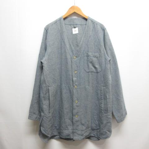 【中古】ティーエスエス ts(s) 美品 Vネック ノーカラー ジャケット 3 ブルー ウール混 薄手 日本製 メンズ