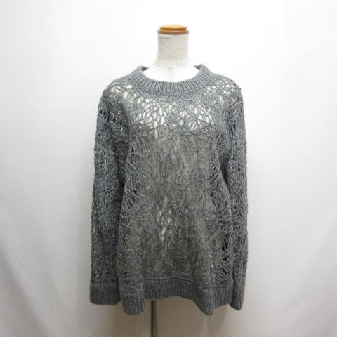 【中古】未使用品 ミズイロインド mizuiro ind 透かし編み ニット プルオーバー グレー 長袖 ウール混 タグ付き