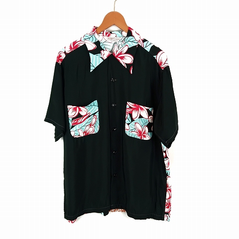 【中古】サンサーフ 東洋 SUN SURF フラガール柄 アロハ 開襟シャツ 黒 ブラック メンズ
