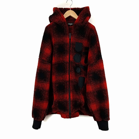 【中古】ディースクエアード DSQUARED2 CHECK PATCH ZIP HOODIE パーカー XXL 赤 レッド ★AA☆ メンズ