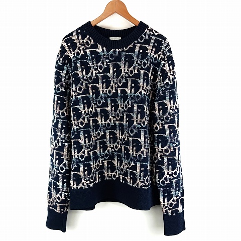 【中古】ディオール Dior ウール オブリーク総柄 ニット セーター L マルチカラー ブルー系 ☆AA★ メンズ