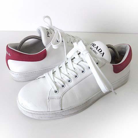 【中古】プラダ PRADA スニーカー 本革 レザー シューズ 6 白 ホワイト 赤 レッド 26.0cm くつ 靴 近年モデル