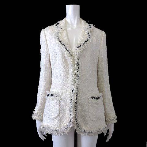 【中古】エスカーダ ESCADA ツイード ジャケット ブレザー フリル テーラードジャケット M 38 オフ白 ホワイト 紺